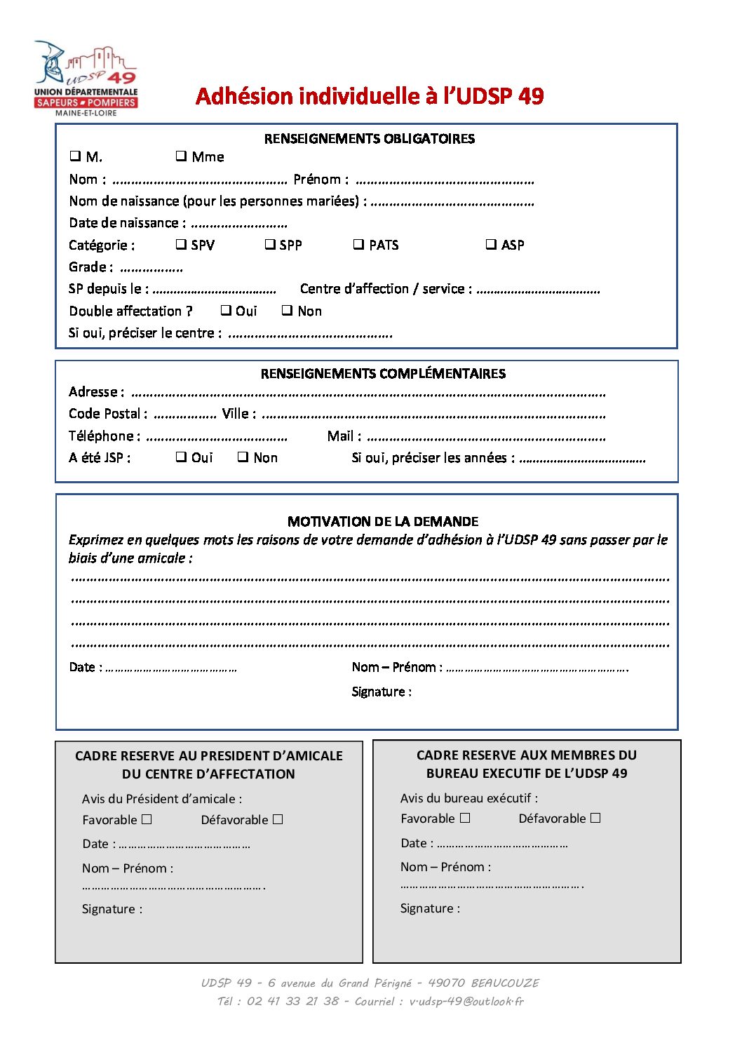 imprimé d’adhésion udsp 49 | UDSP-49